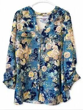 Laura Scott | Tops | Laura Scott Blue Yellow Floral Print Utility ...